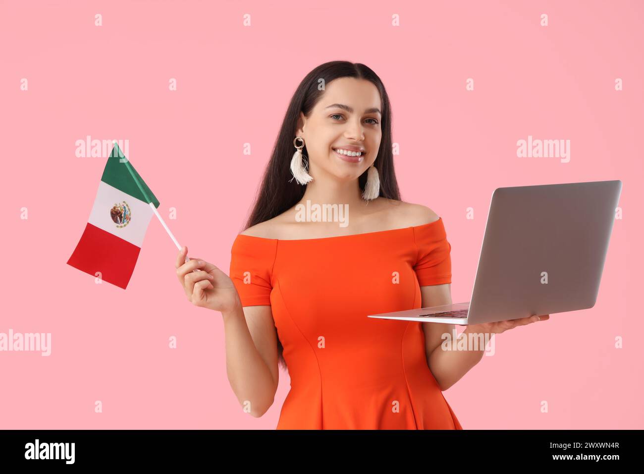 Young woman with Mexican flag and laptop on pink background Stock Photo ...
