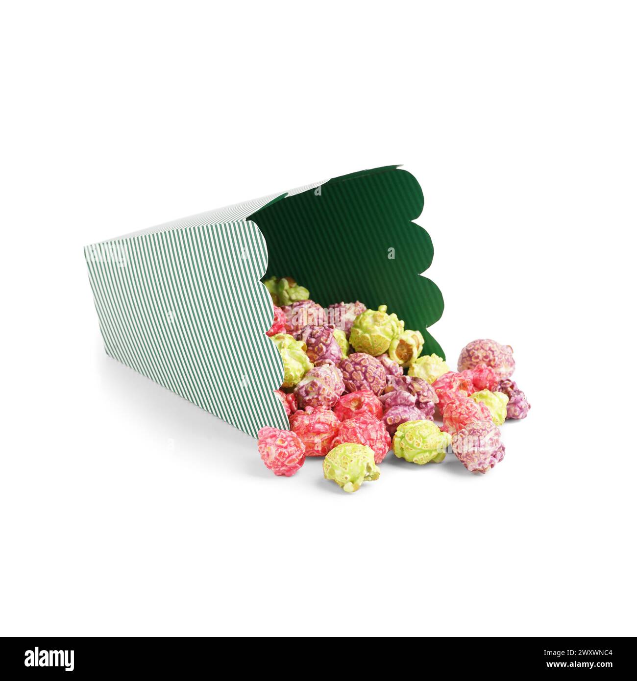 Bucket with sweet colorful popcorn on white background Stock Photo - Alamy