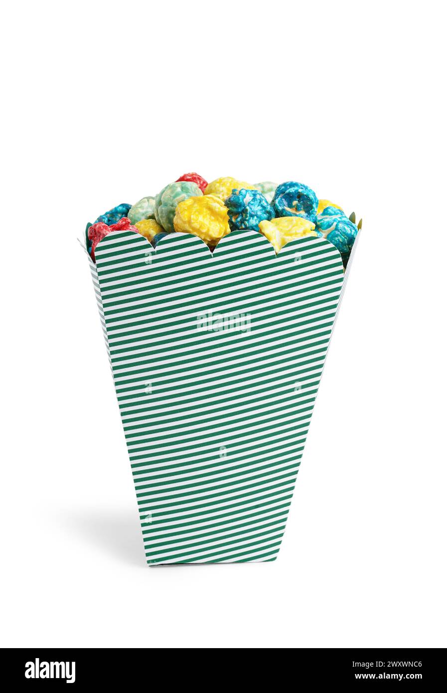 Bucket with sweet colorful popcorn on white background Stock Photo - Alamy