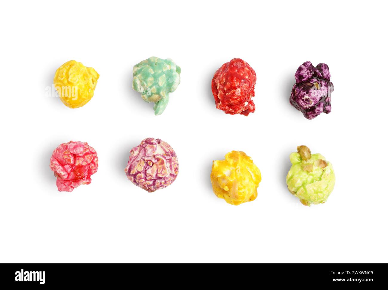 Sweet colorful popcorn on white background Stock Photo - Alamy