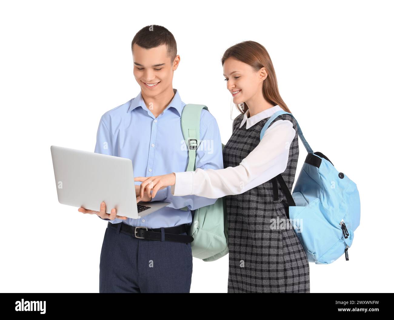 Students with laptop on white background. End of school concept Stock ...