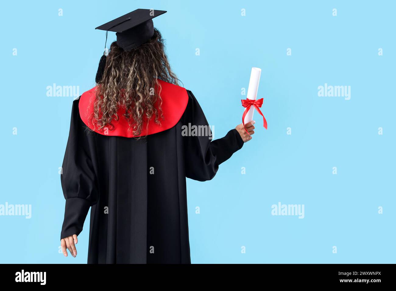 Female graduate student with diploma on blue background, back view ...