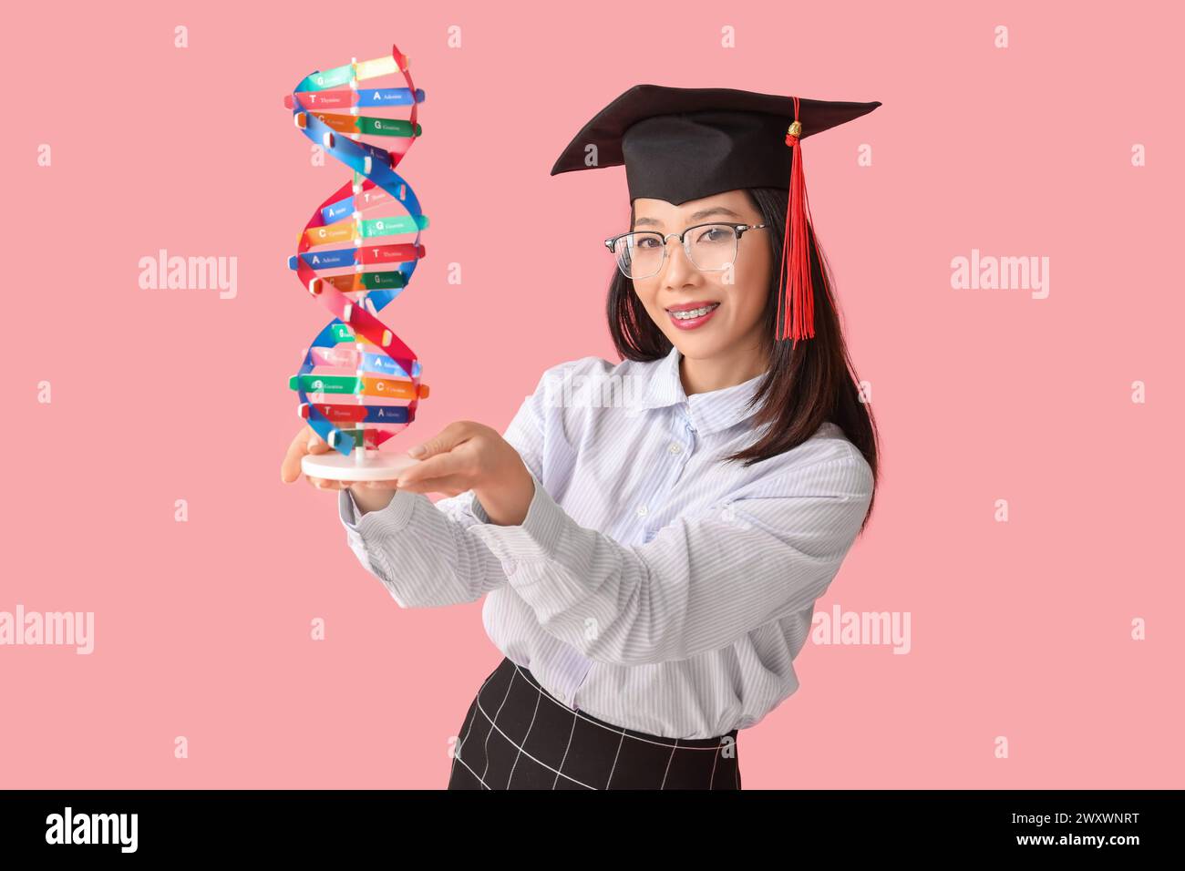 Asian female graduate student with DNA model on pink background Stock ...