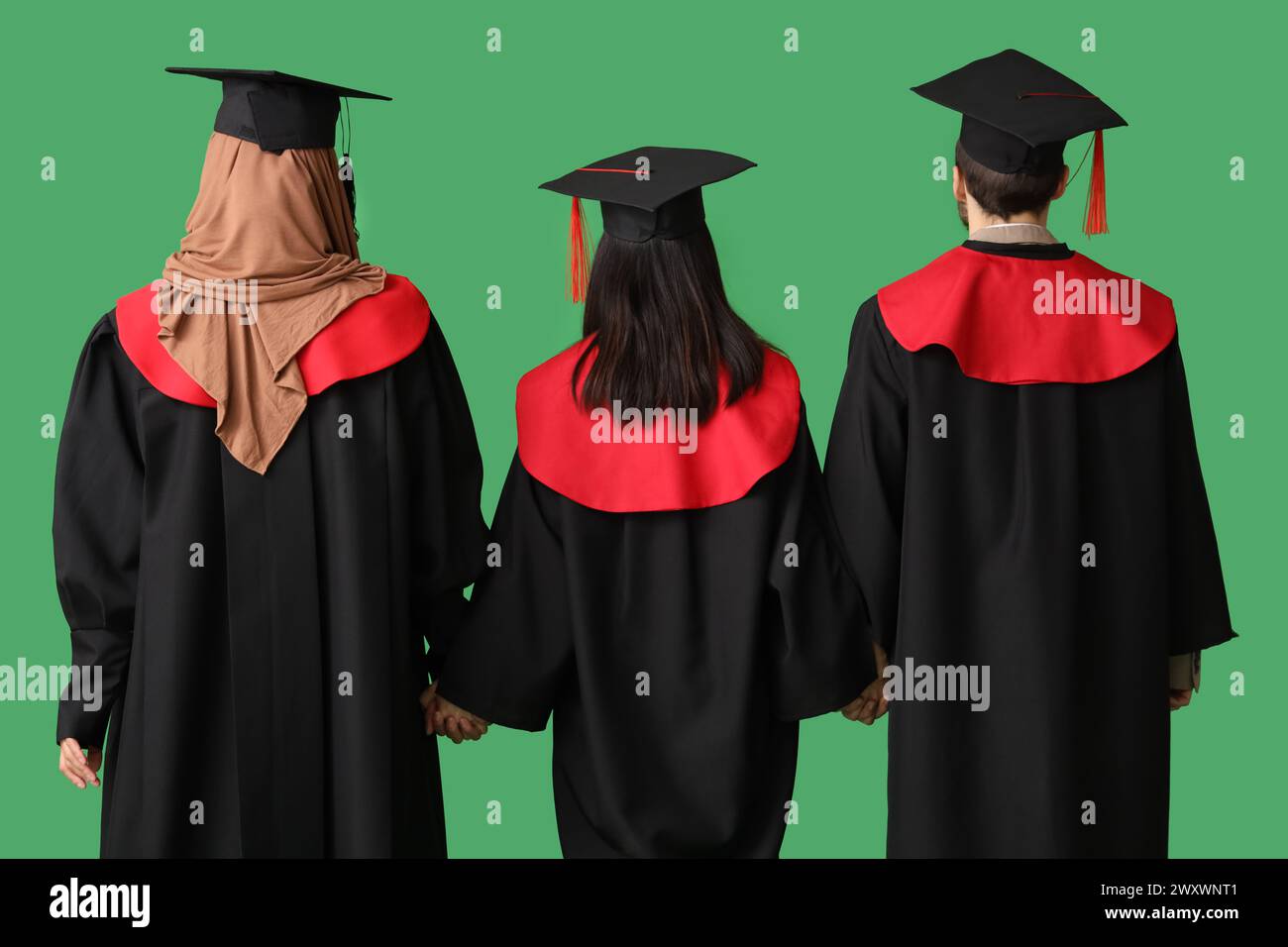 Graduate students holding hands and walking away on green background ...