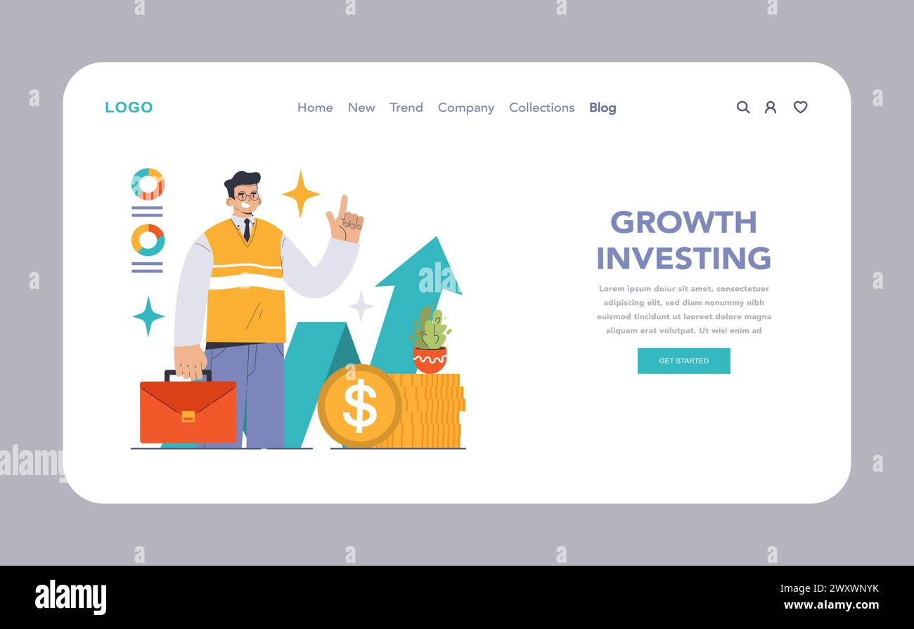 Growth Investing web or landing. Confident businessman pointing upward ...