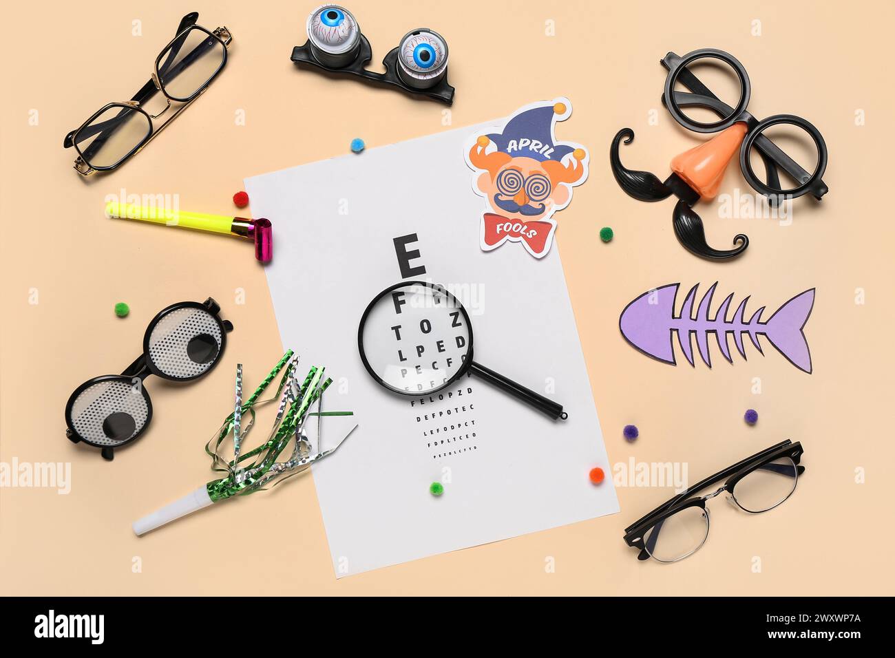 Eye test chart, eyeglasses, magnifier and party decor for April Fools ...