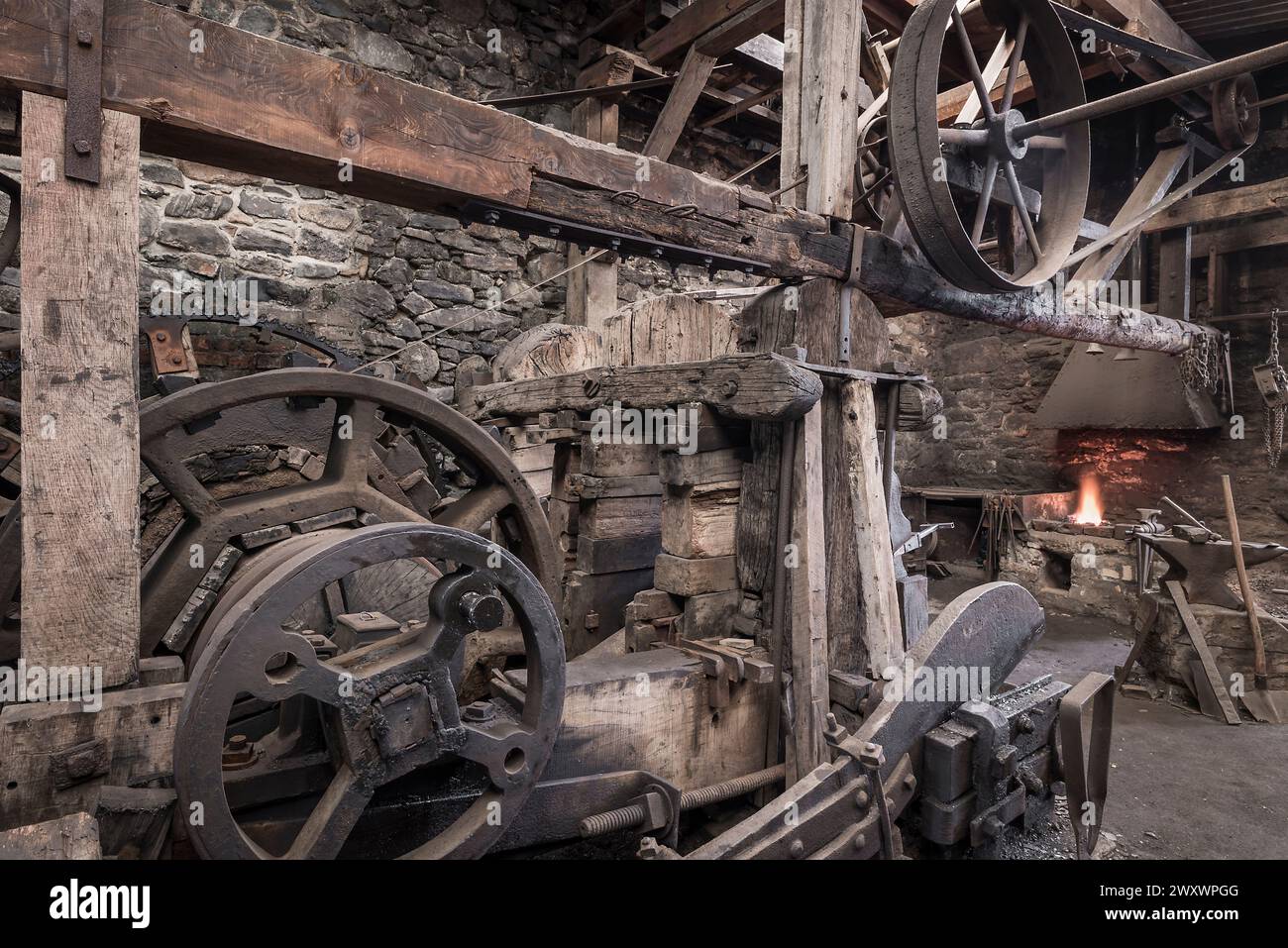 Historic machinery in a blacksmiths worksshop Stock Photo - Alamy