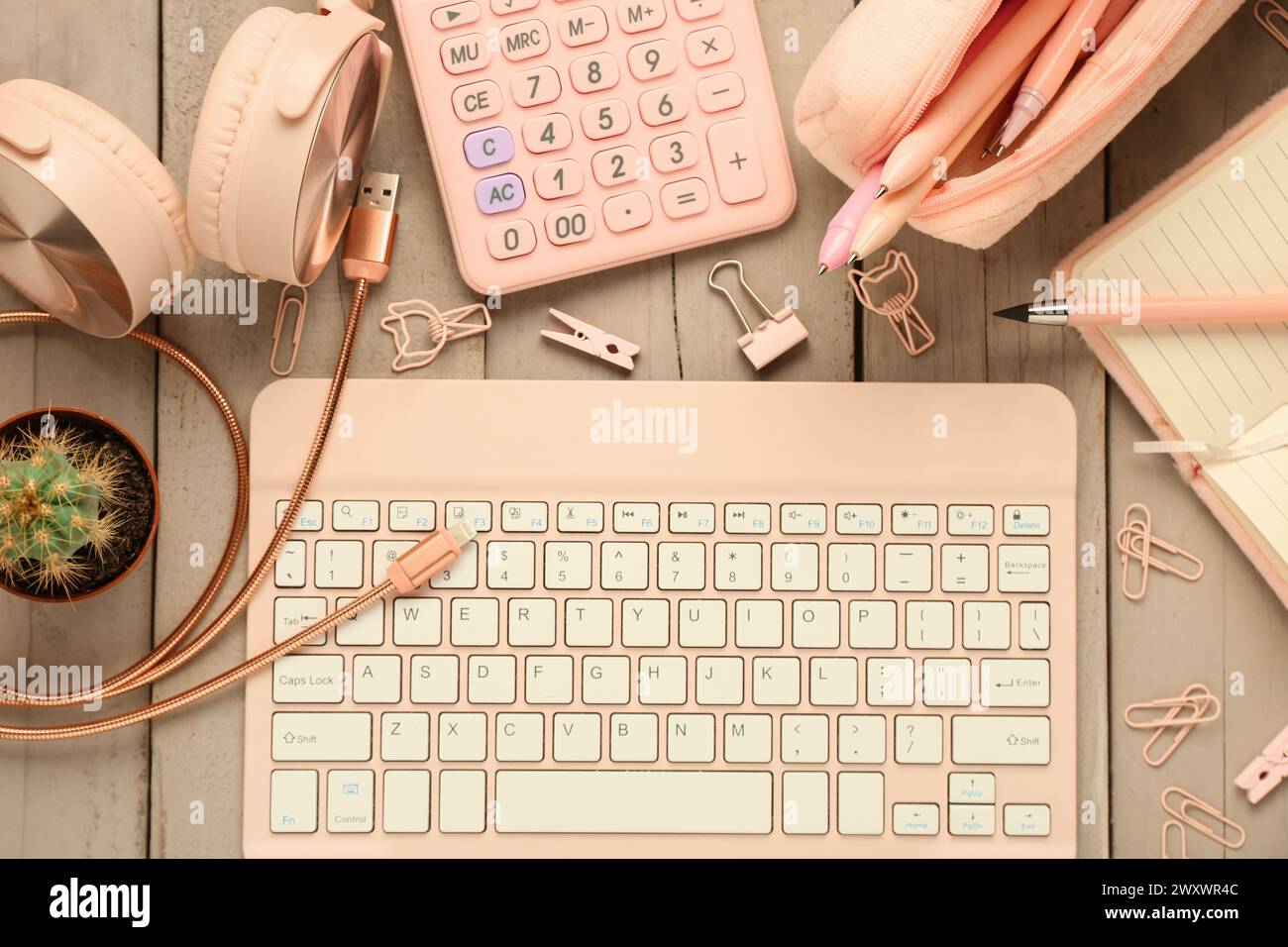 Modern tablet external keyboard, different stationery and devices in ...