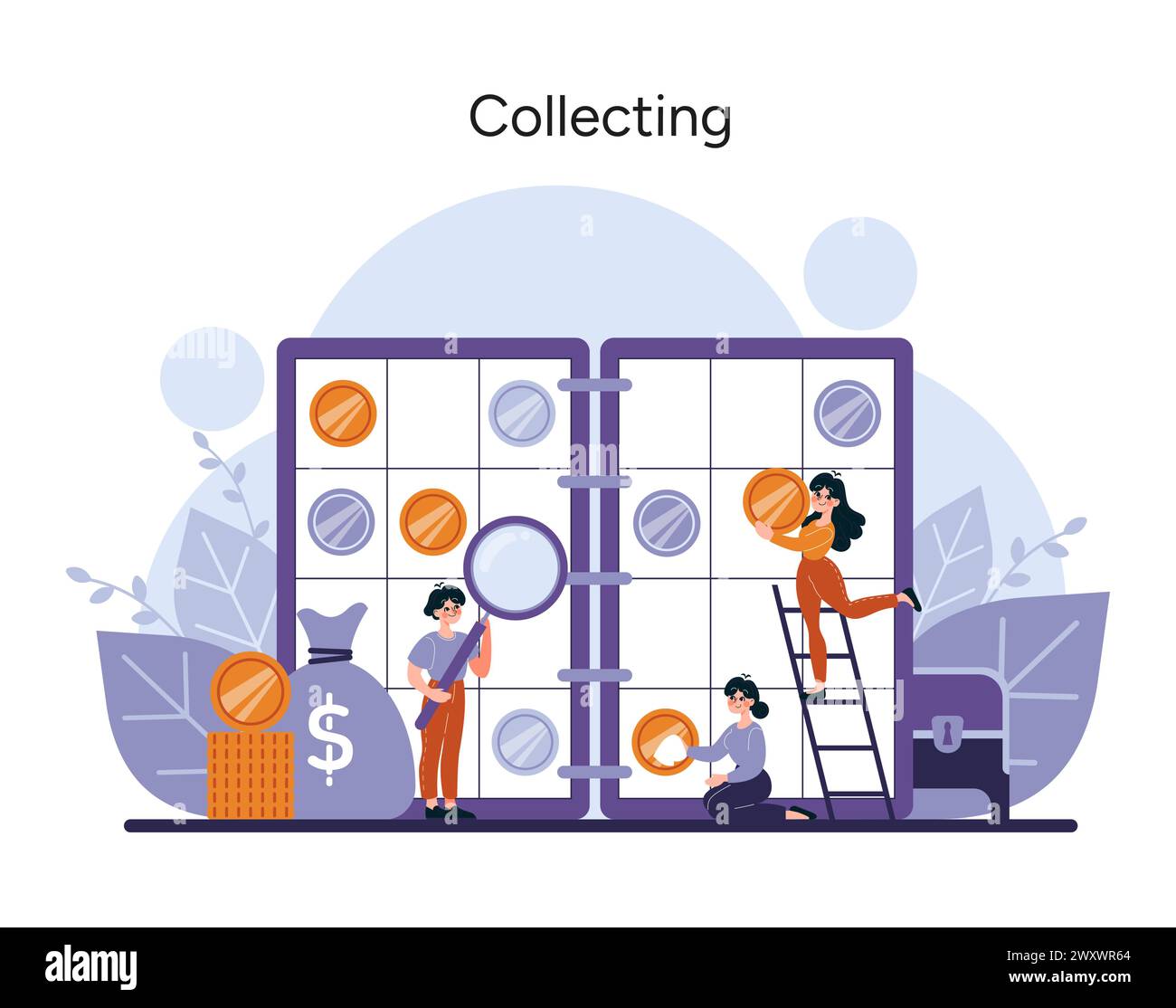 Collecting concept. Animated collectors curate coins into an album ...