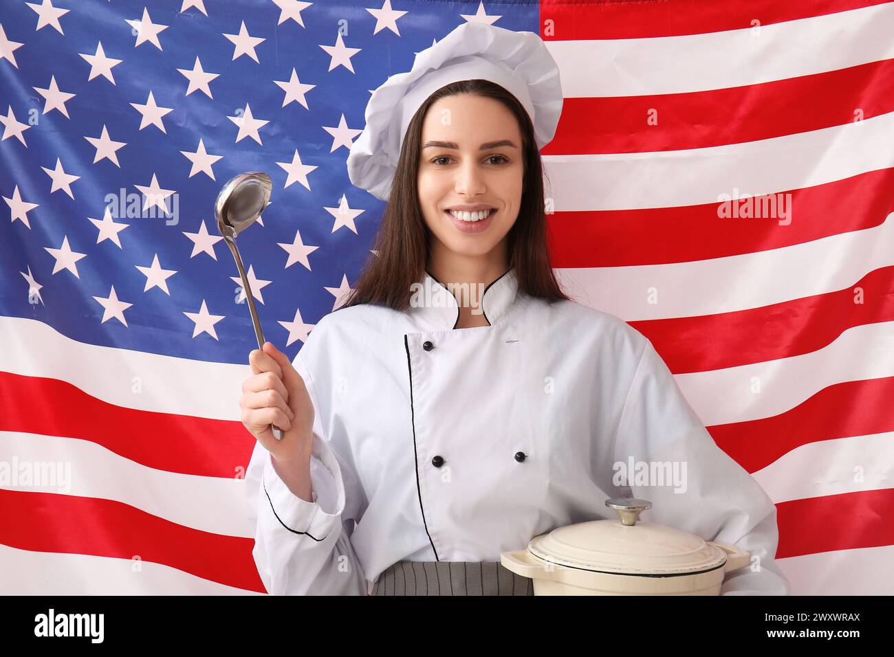 Female chef with ladle and cooking pot against USA flag Stock Photo - Alamy