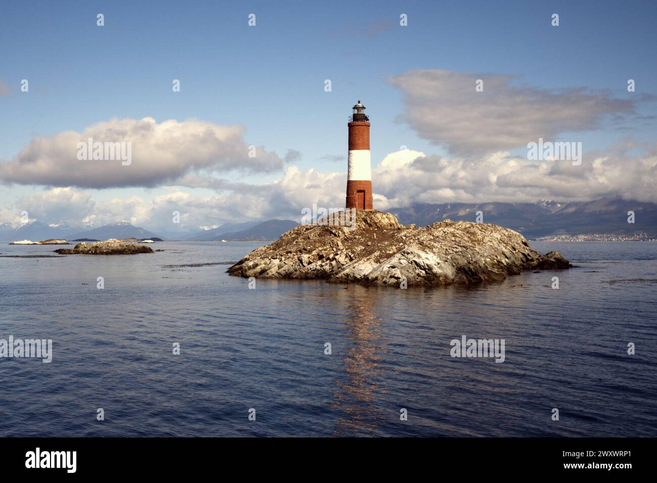 Red and white Les Eclaireurs Lighthouse in the Beagle Channel near ...