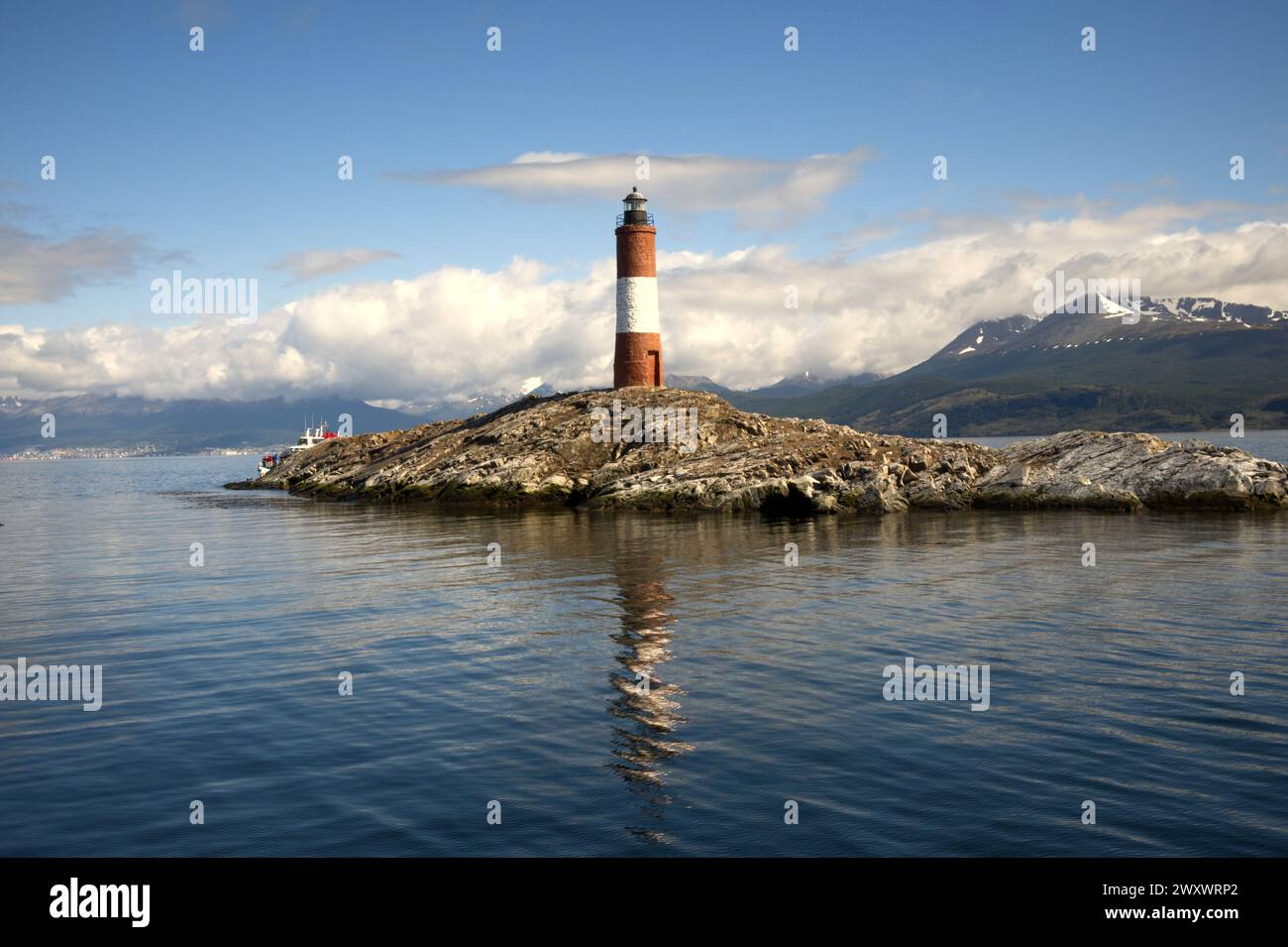 Red and white Les Eclaireurs Lighthouse in the Beagle Channel near ...