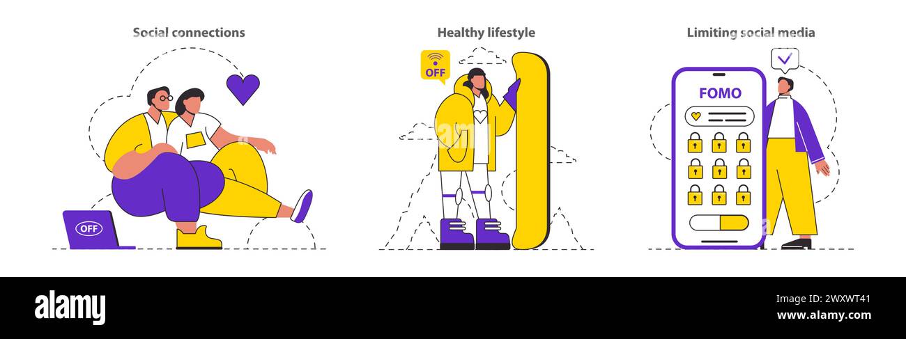 Digital Wellbeing set. Couples fostering real connections, individuals ...