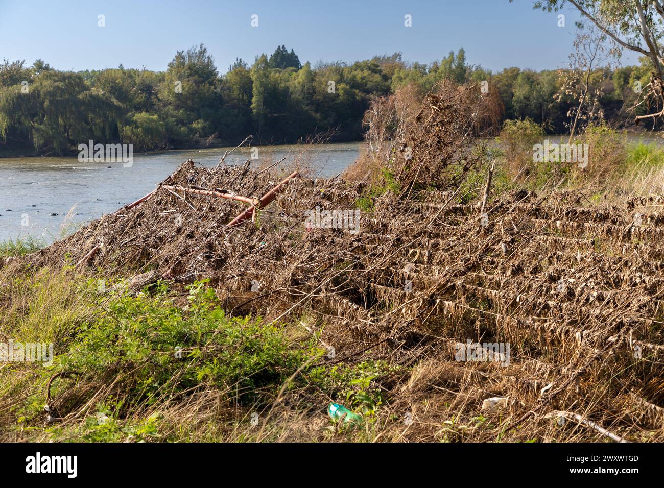 Debris stuck on a fence after a river was in flood. The river, in the ...
