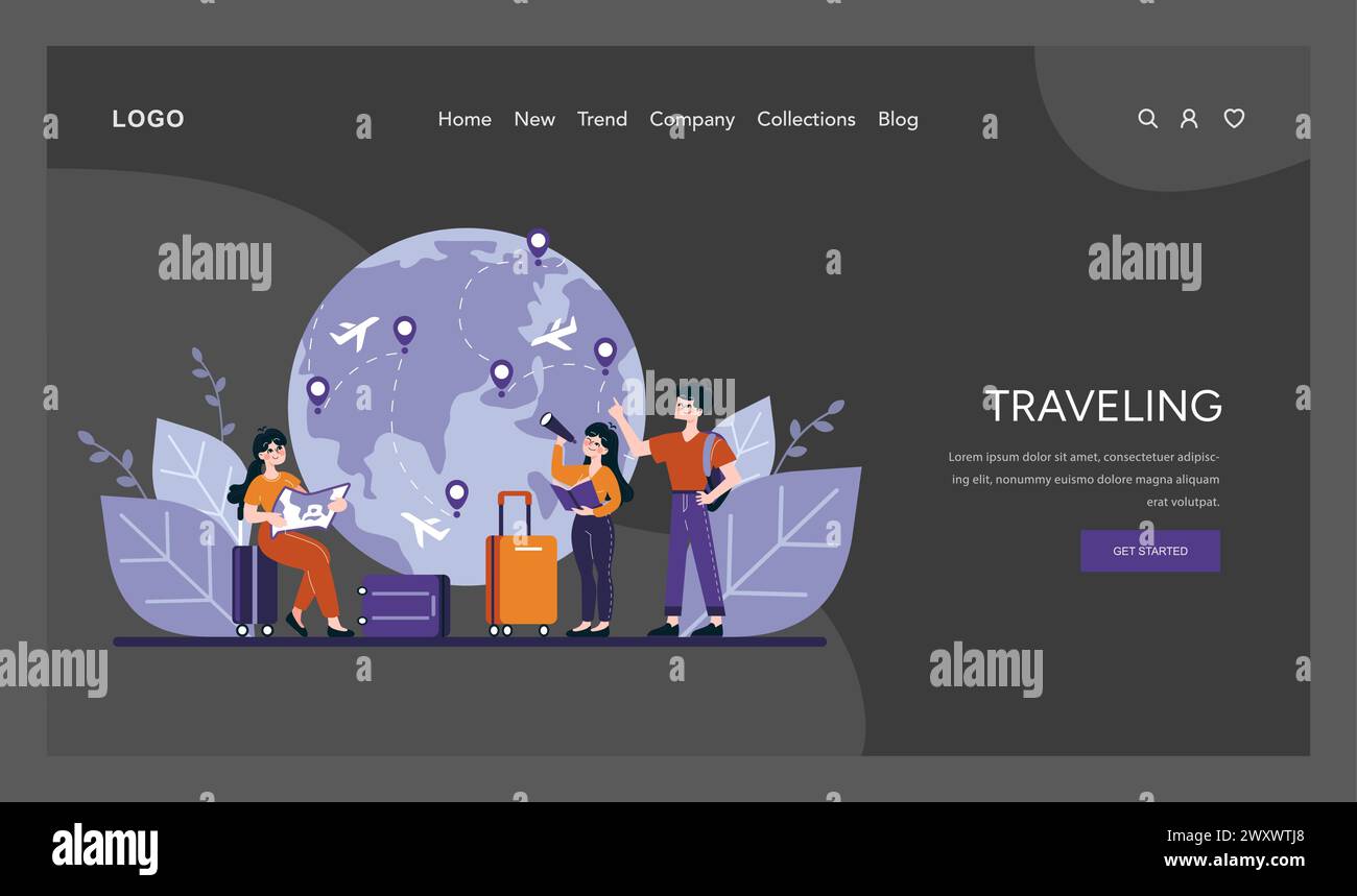 Traveling theme set. Family ready for a journey, with luggage and a map ...