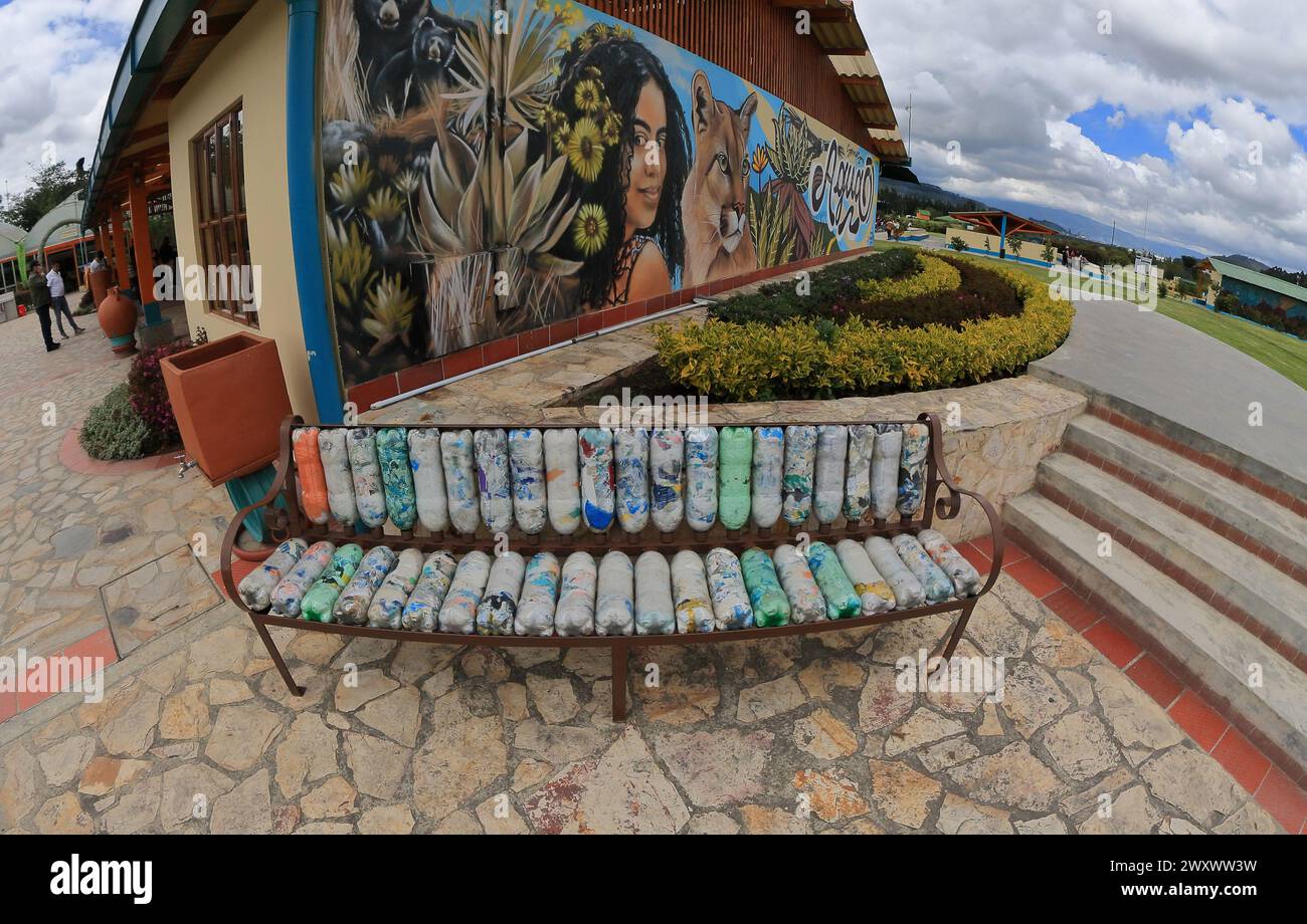 Bogota, Colombia. 24-01-2024. A bench made with bottle of plastic ...