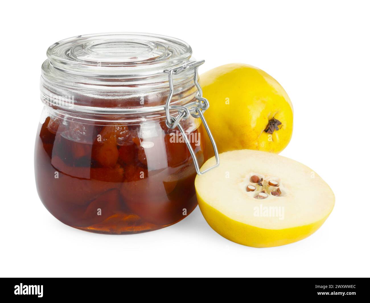 Quince jam in glass jar and fresh raw fruits isolated on white Stock ...