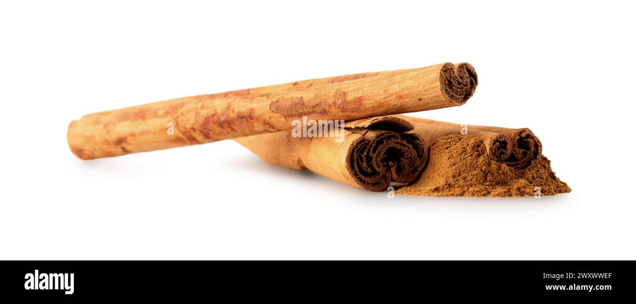 Dry aromatic cinnamon sticks and powder isolated on white Stock Photo ...