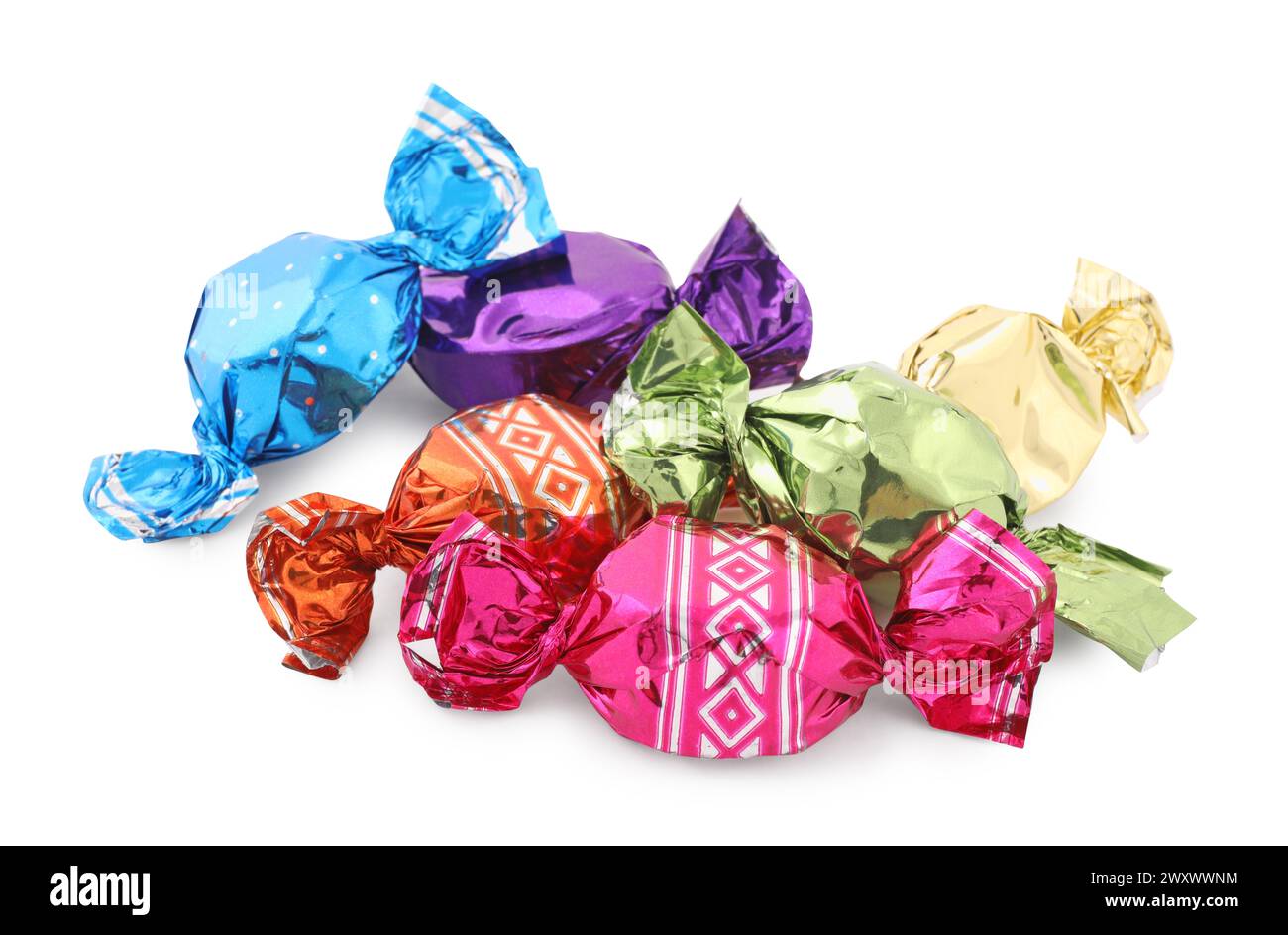 Sweet candies in colorful wrappers on white background Stock Photo - Alamy