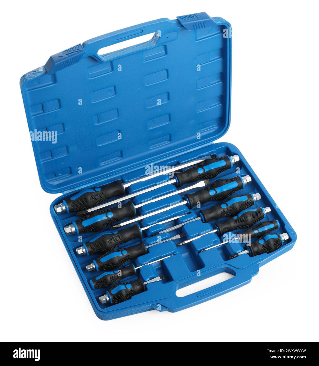 Set of screwdrivers in open toolbox isolated on white Stock Photo - Alamy