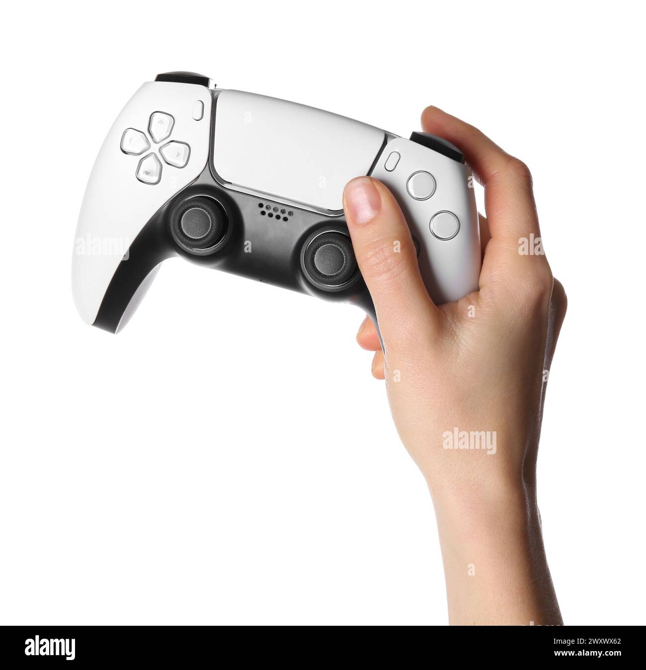 Woman holding game controller on white background, closeup Stock Photo ...