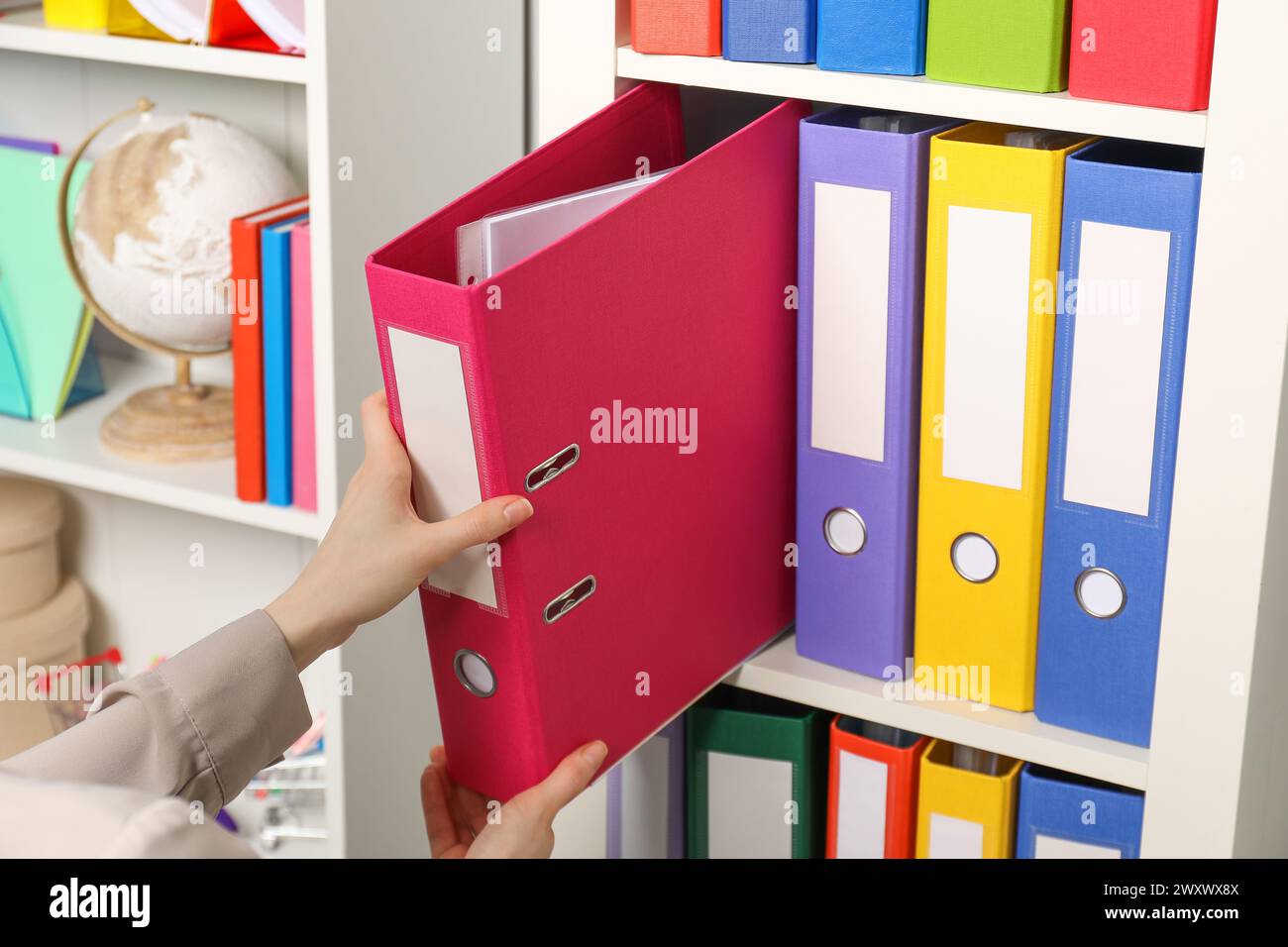 Woman taking binder office folder from shelving unit, closeup Stock ...