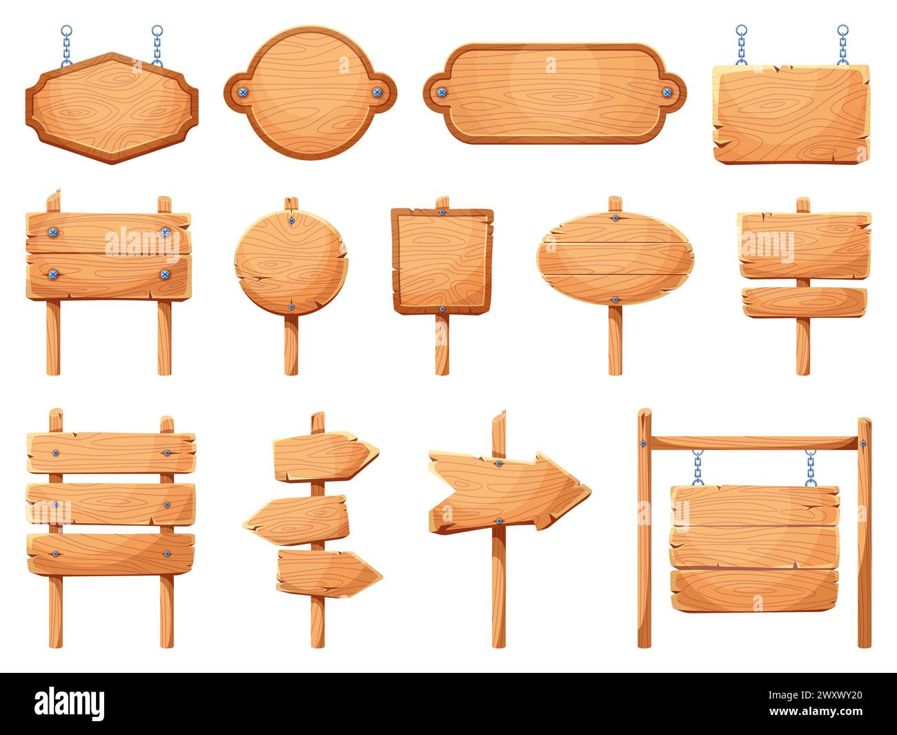 UI game wooden boards. Cartoon hanging and standing signs, old rustic ...