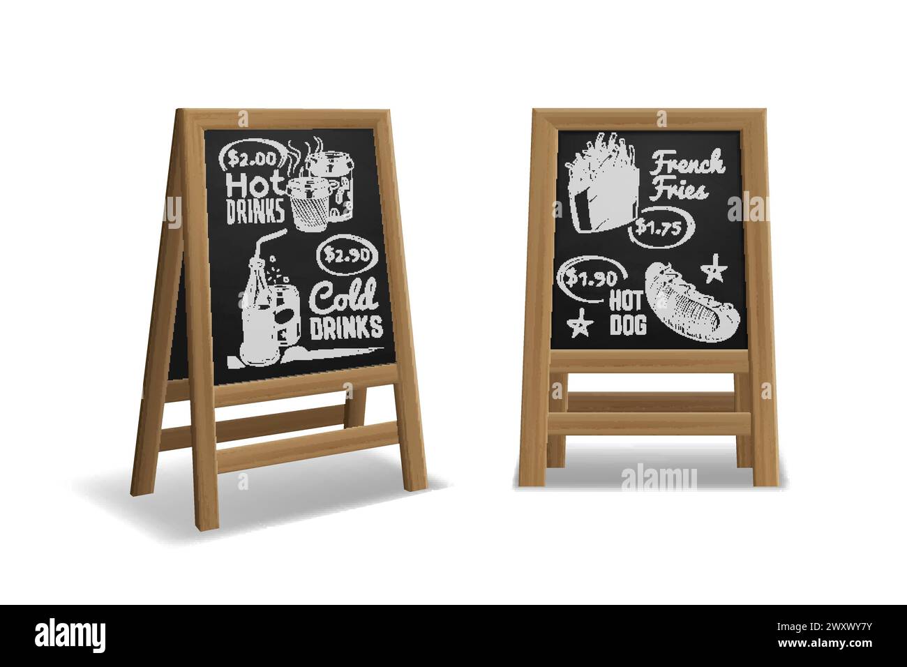 Street menu. Black wooden board front and side view. Hot and cold ...