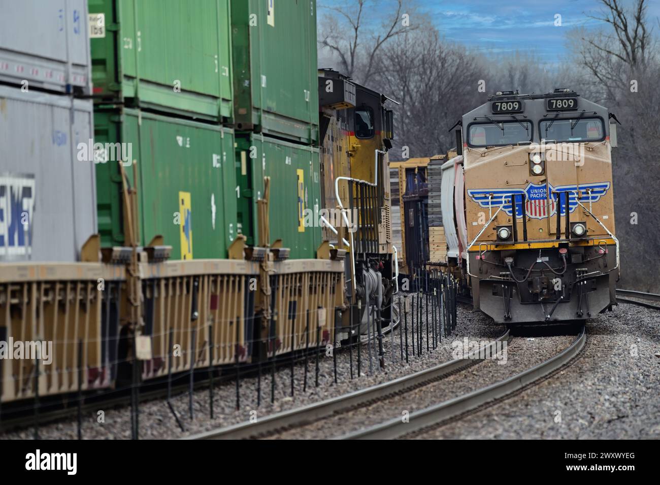 Winfield, Illinois, USA. Eastbound and westbound Union Pacific Railroad ...
