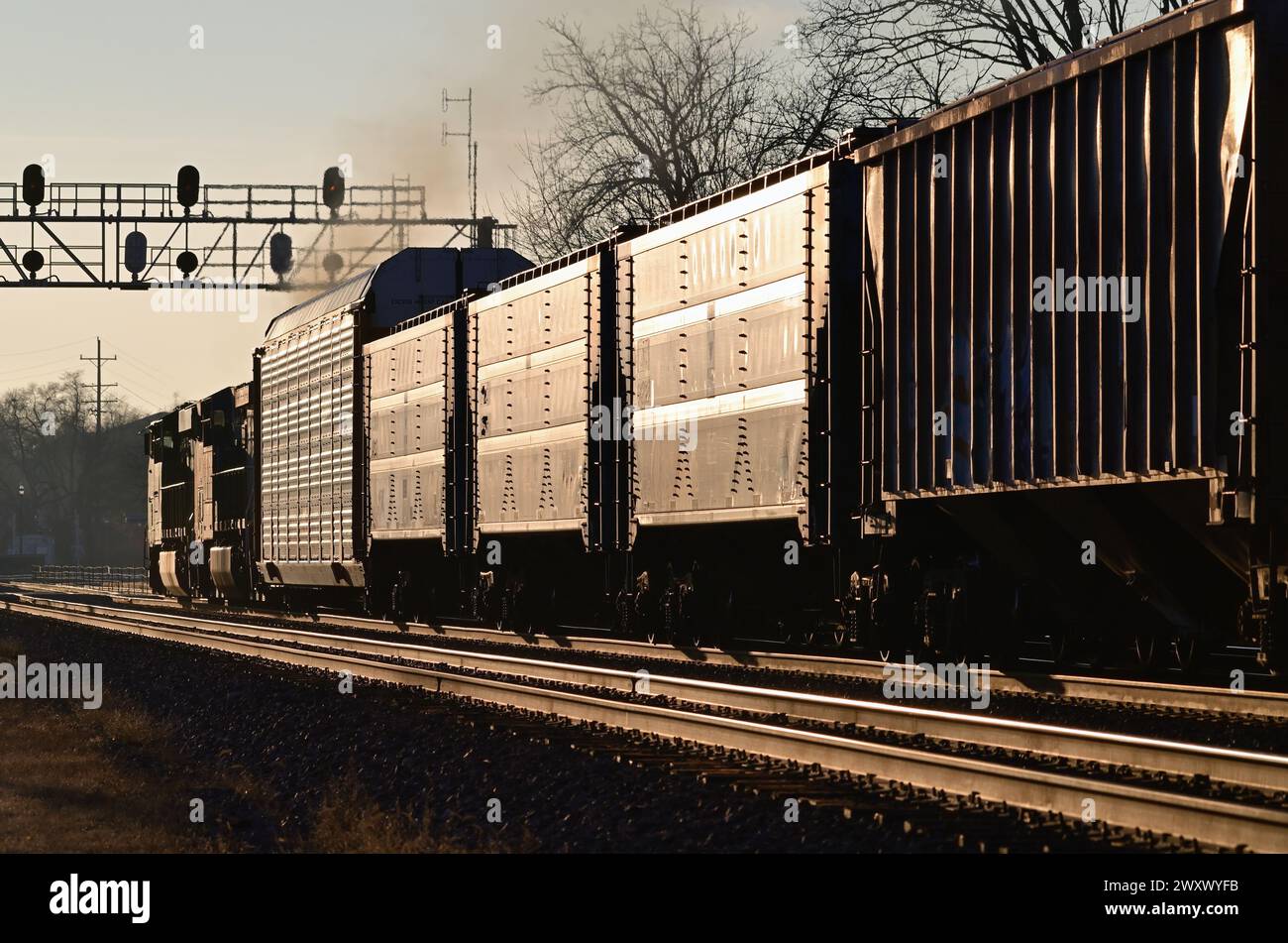 Glen Ellyn, Illinois, USA. A Union Pacific Railroad freight train moves ...