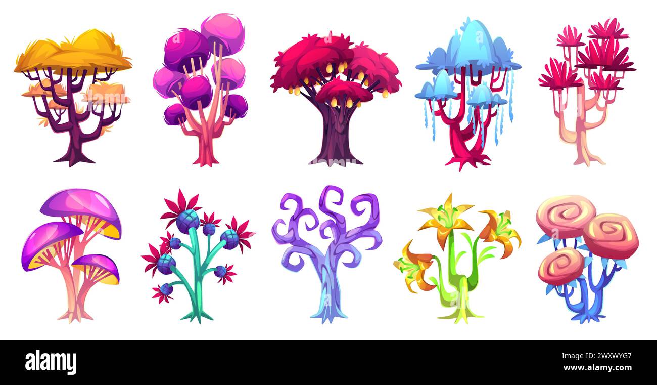 Magic trees. Fantasy cartoon forest, fairytale plants isolated on white ...