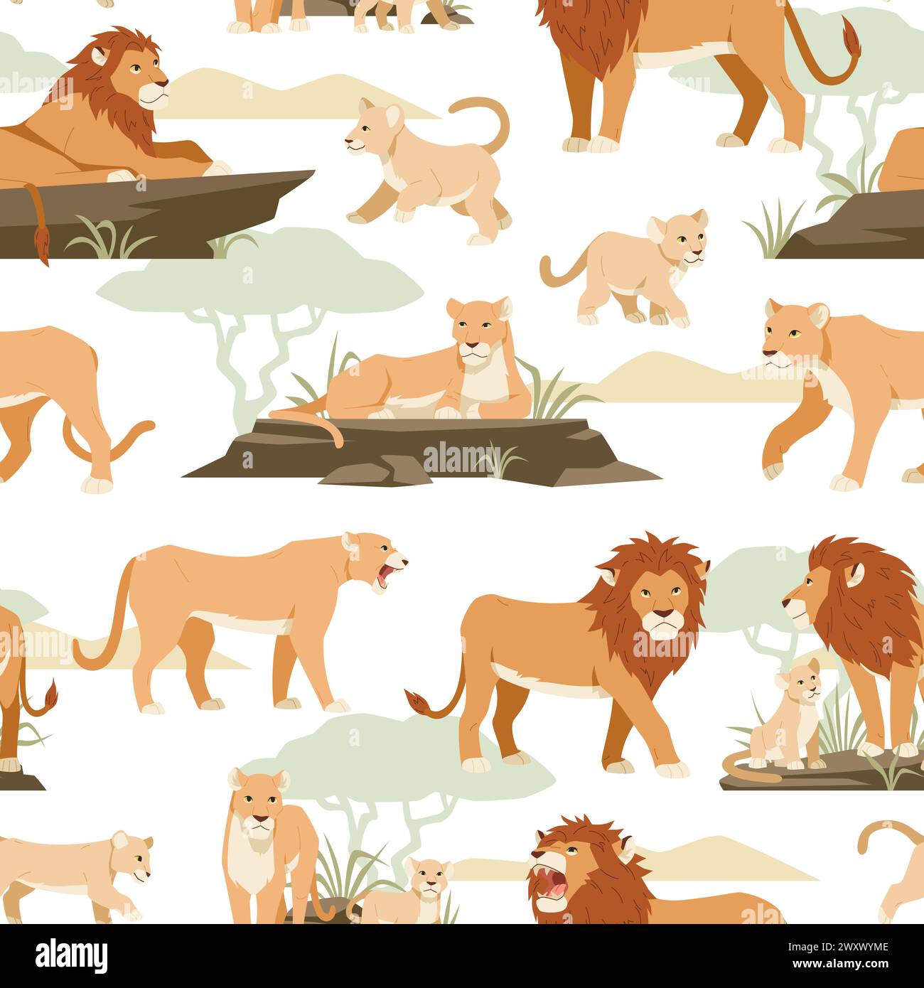 Lions seamless pattern. Jungle animals relax in savannah, lionesses ...