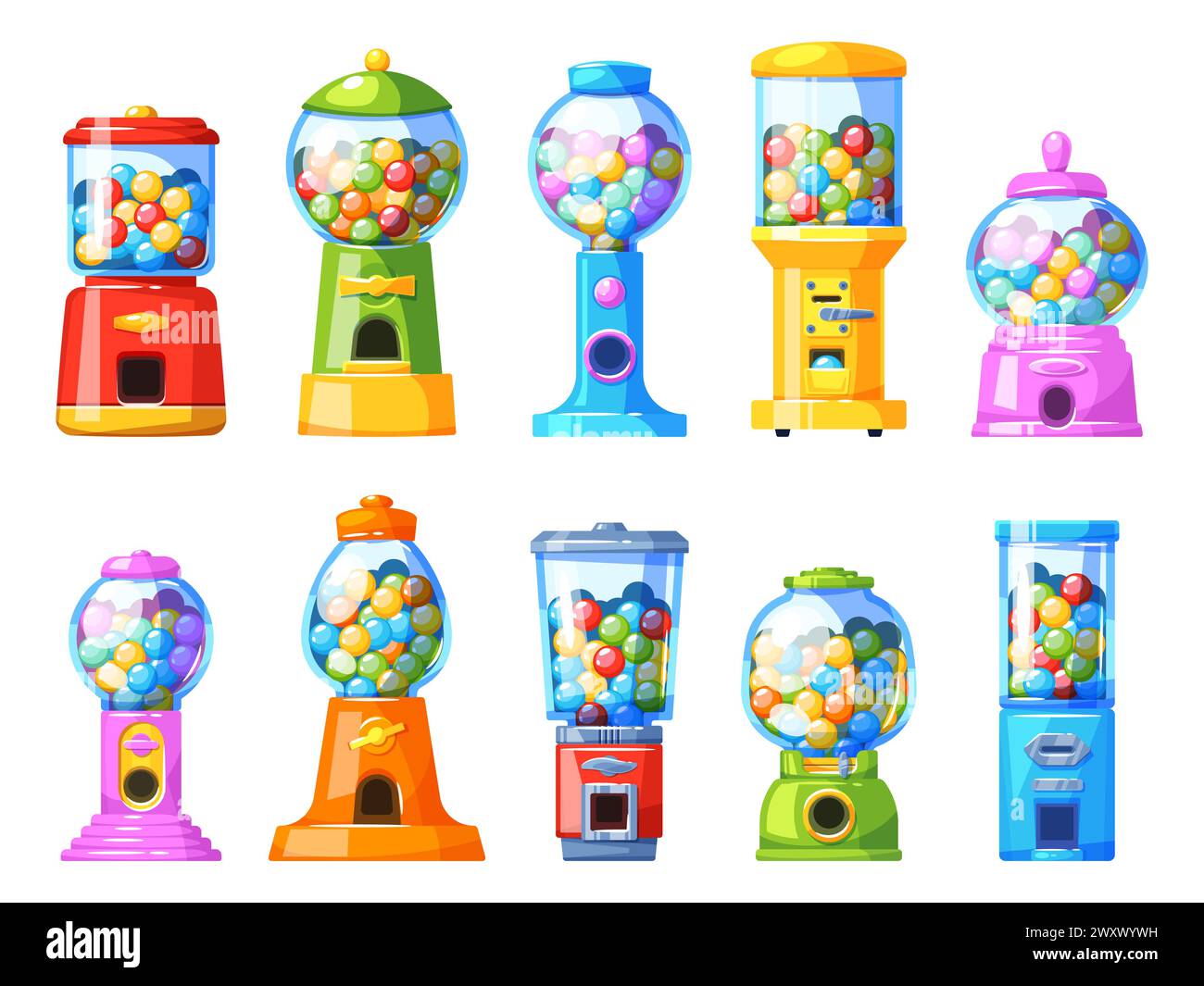 Gumballs vending machines. Colorful cartoon dispensers with round ...