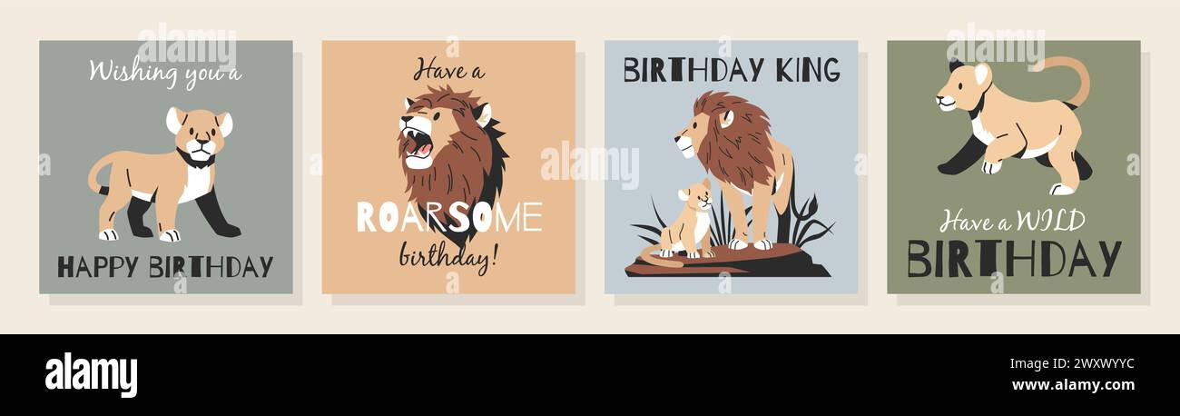 Funny lions cards. Boys birthday posters, greeting labels, cute text ...