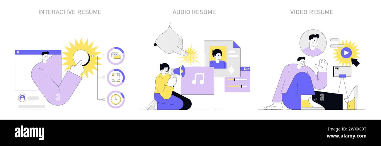 Innovative Resume Formats set. Showcasing interactive, audio, and video ...