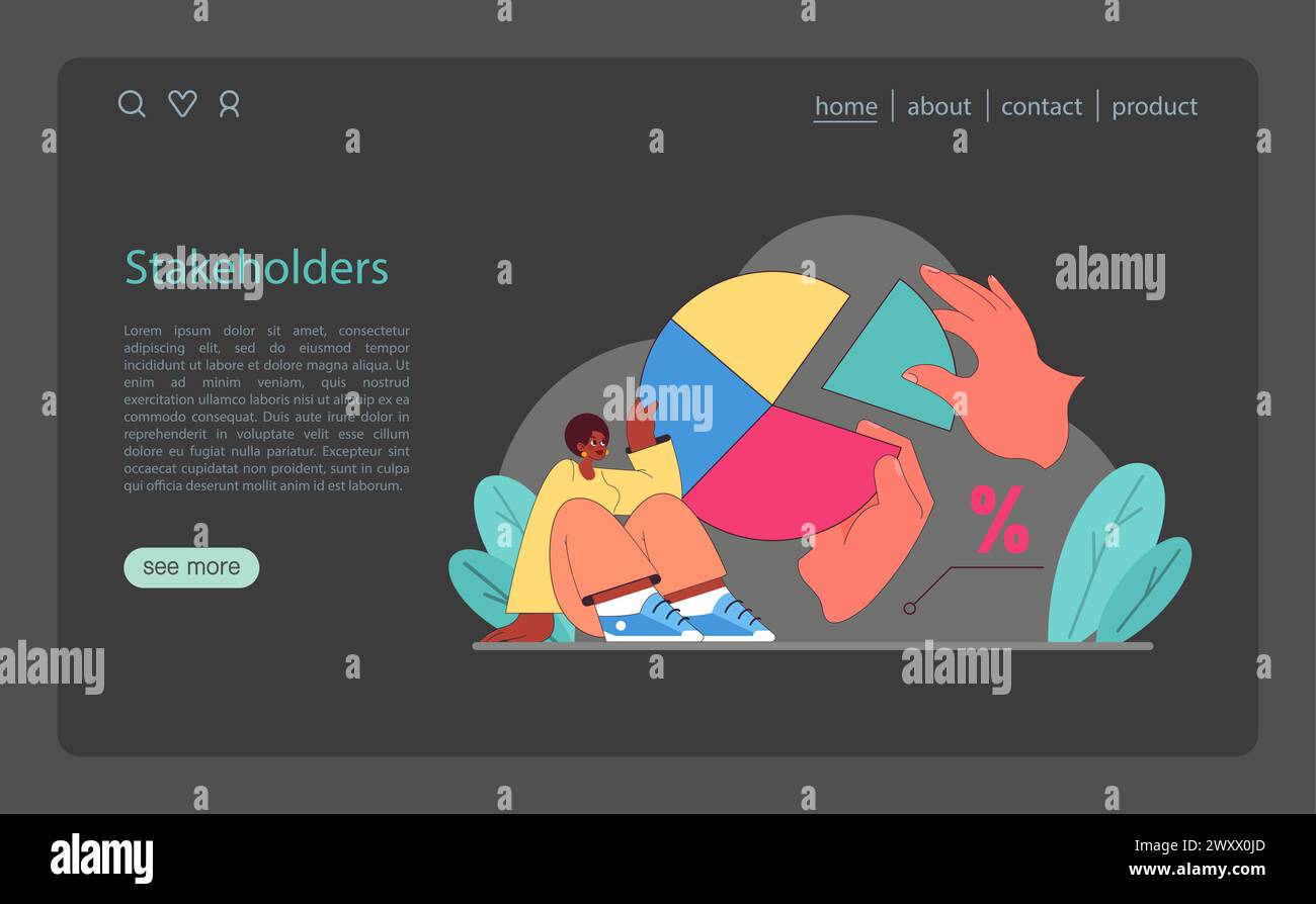 Stakeholders concept. A solitary figure contemplates a colorful pie ...