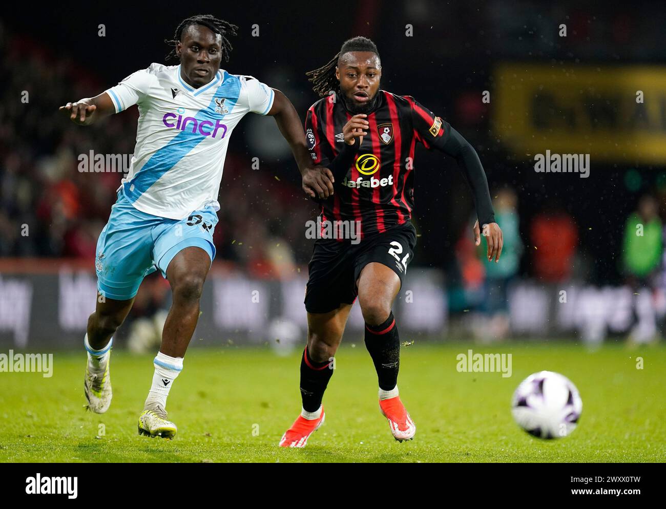 Crystal Palace's David Ozoh (left) and Bournemouth's Antoine Semenyo ...