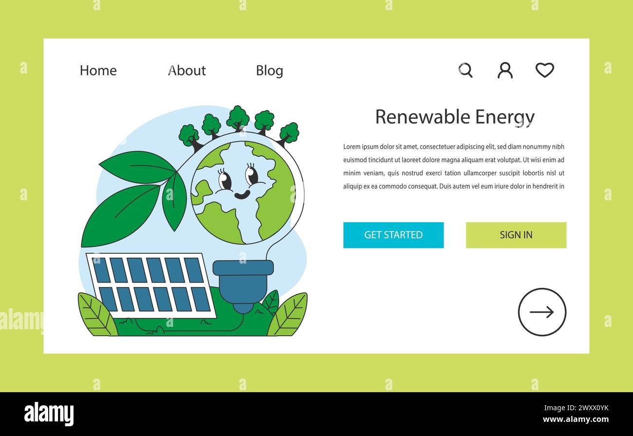 Renewable energy web banner or landing page. Smiley cartoon globe ...