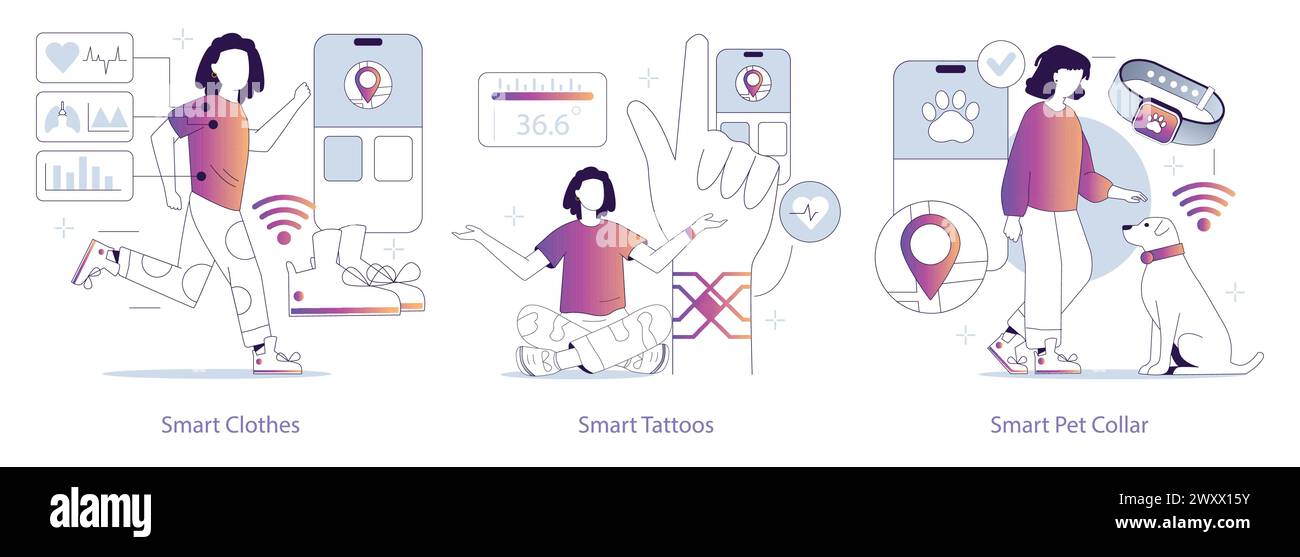 Wearable Tech set. Smart clothes with integrated health data, tattoos ...