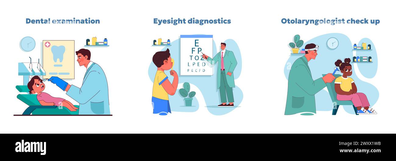 Pediatric health evaluation set. Child receiving dental, vision, and ...