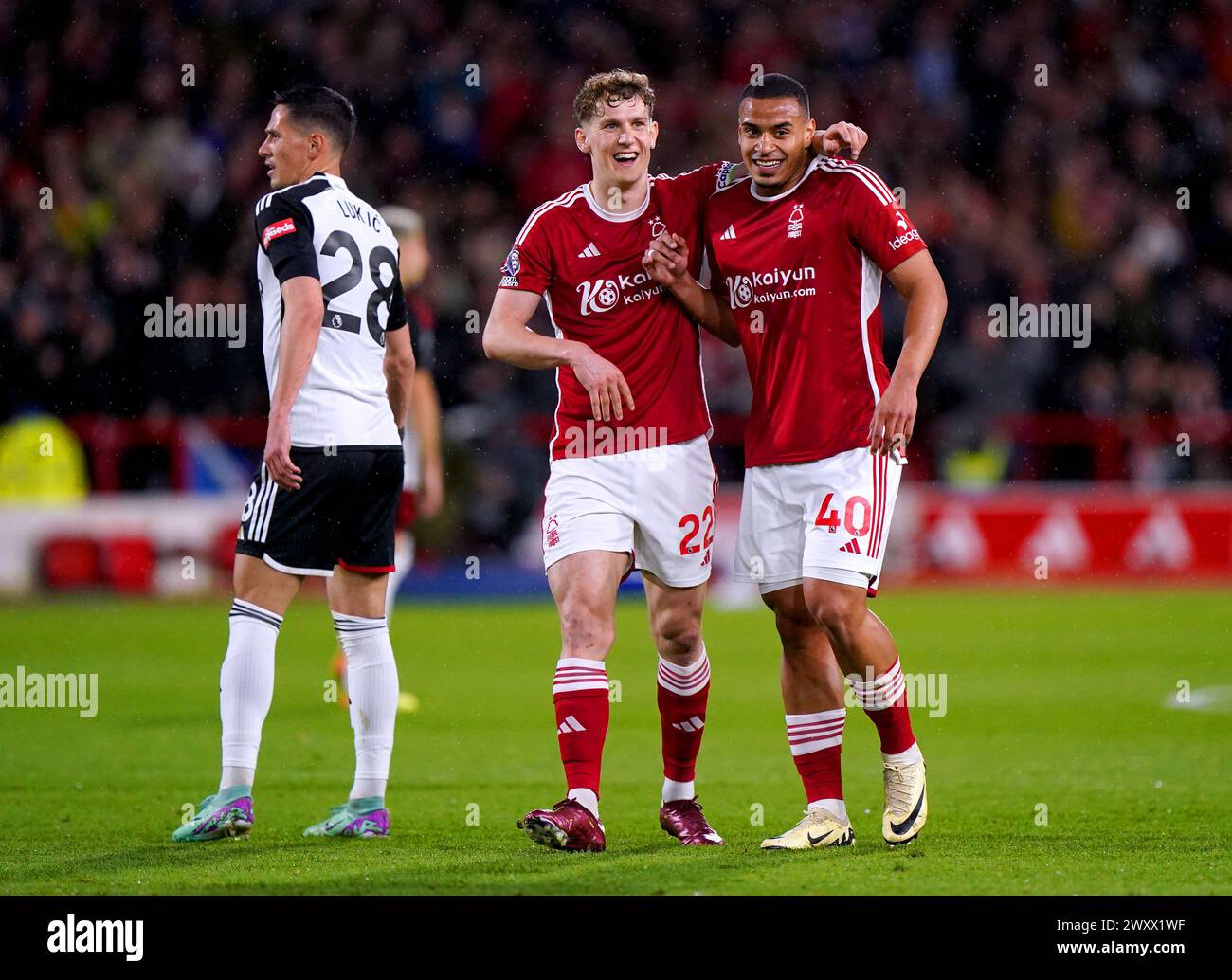 Nottingham Forest's Ryan Yates (left) and Murillo celebrate after team ...