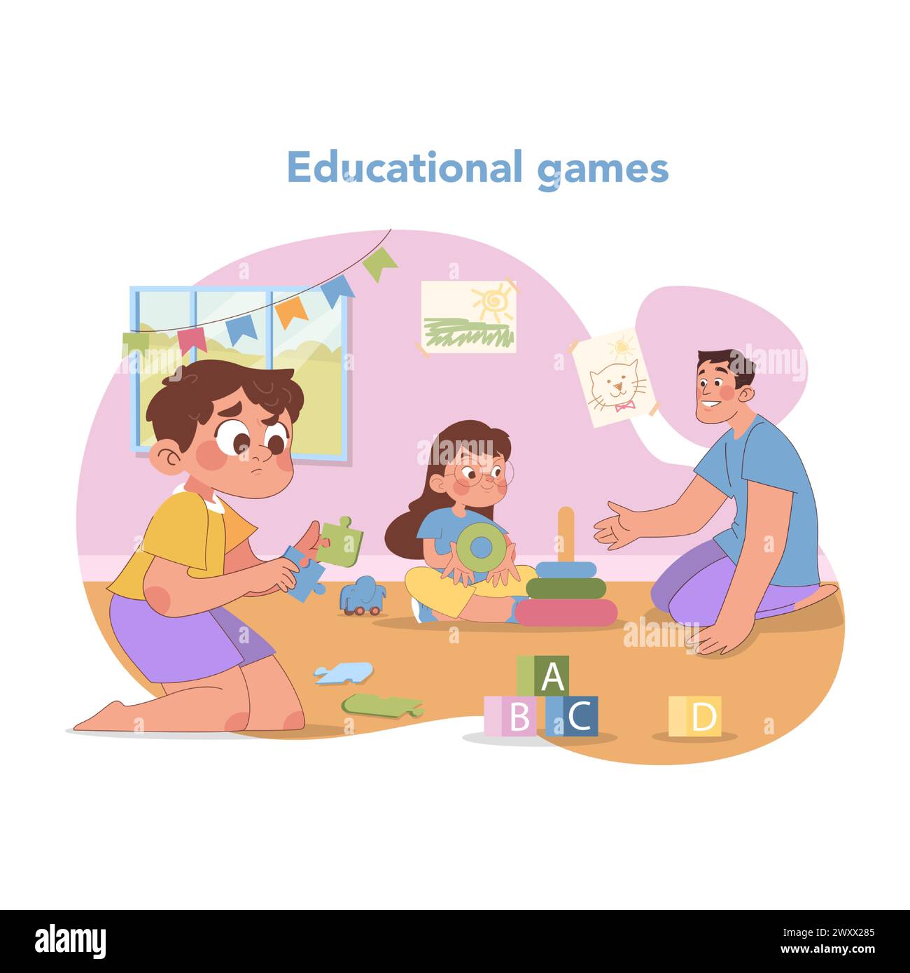 Educational games in kindergarten. Engaged children and teacher ...