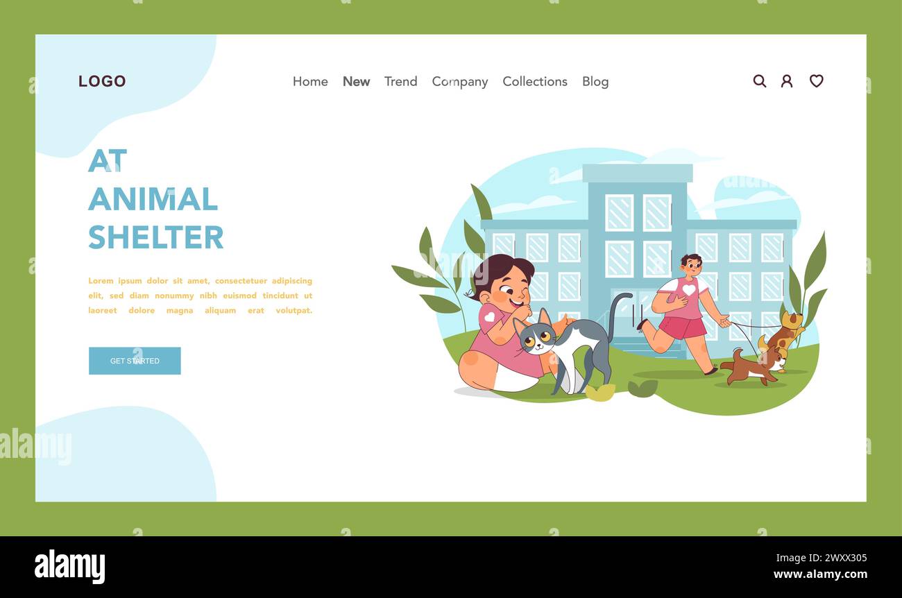 Animal welfare concept. Joyful children volunteer at shelter, nurturing ...