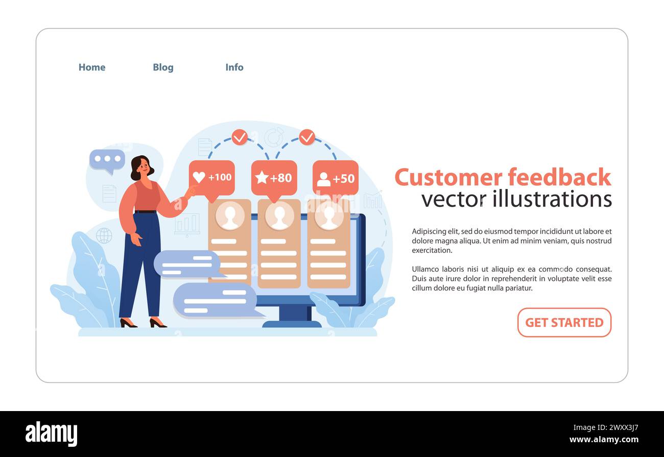 Customer Feedback in Consumer Engagement set. A visual concept of a woman analyzing customer ...