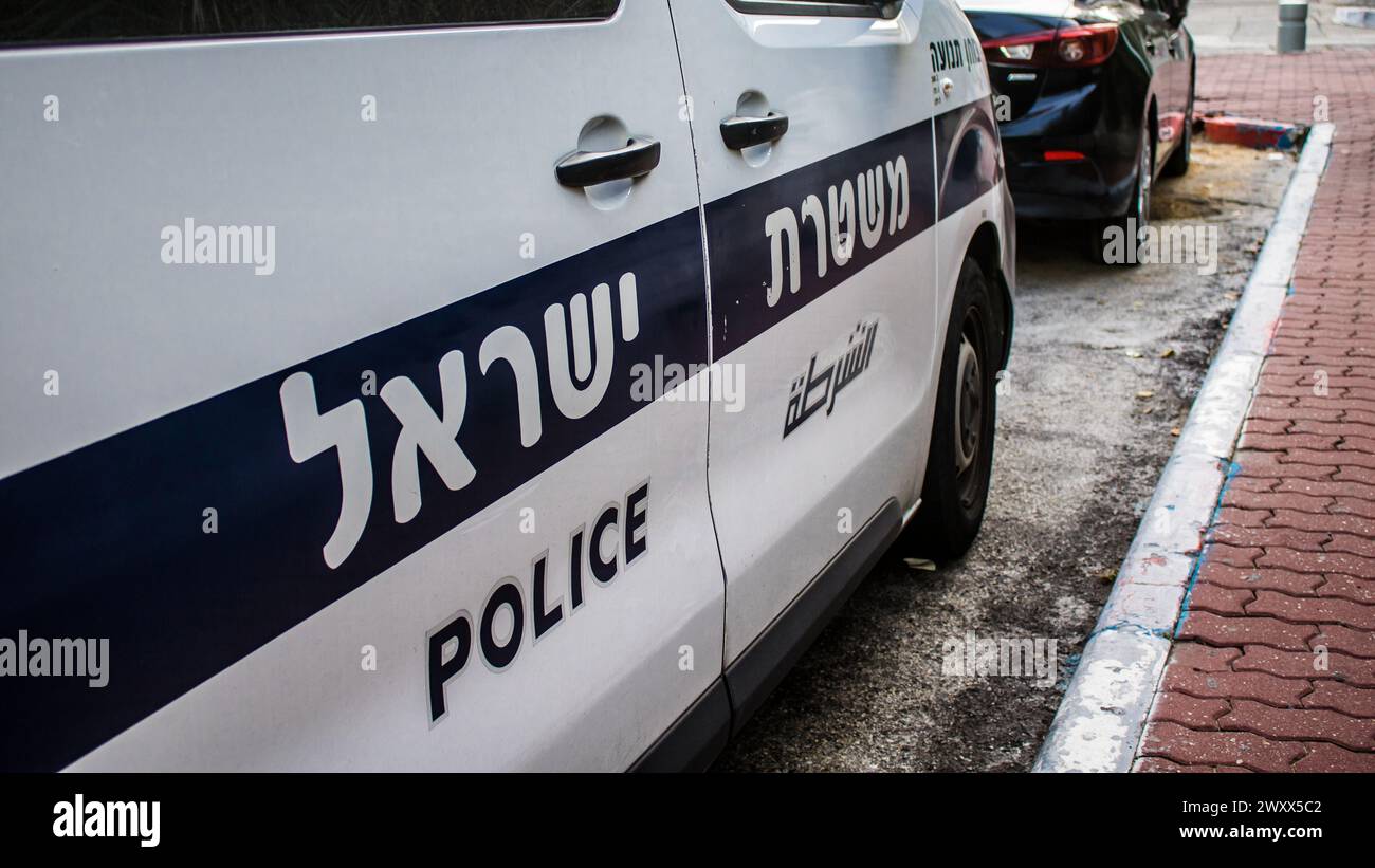 Tel Aviv, Israel, February 26, 2024 Israel police car driving in the ...