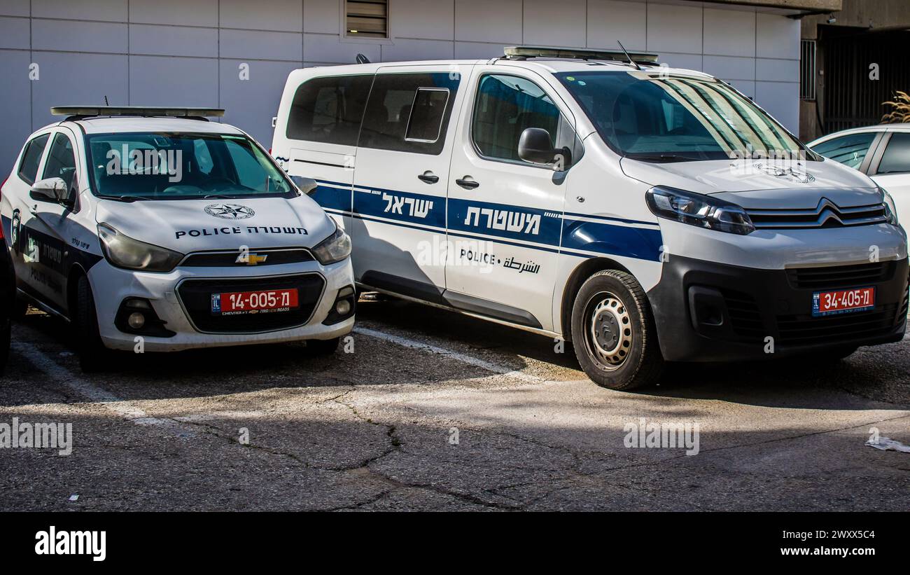 Tel Aviv, Israel, February 26, 2024 Israel police car driving in the ...