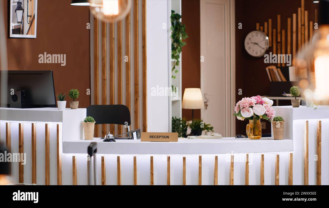 Five star hotel lobby with empty front desk at reception, classy ...