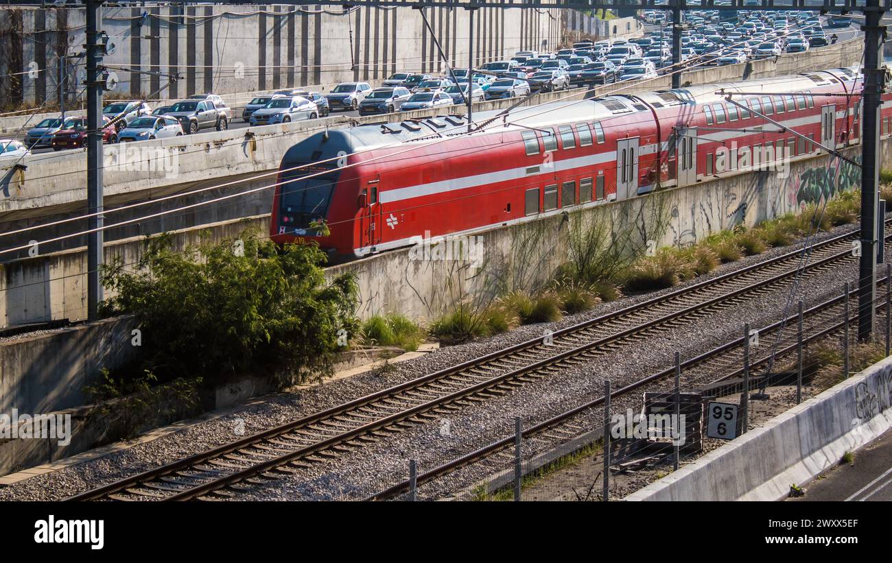 Tel Aviv, Israel, February 25, 2024 Train connecting Tel Aviv to ...