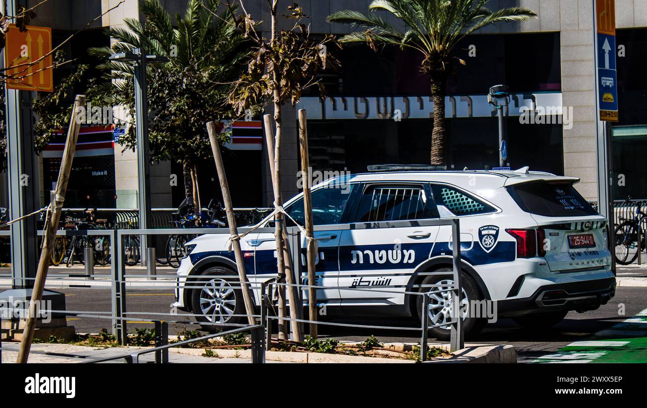 Tel Aviv, Israel, February 26, 2024 Israel police car driving in the ...
