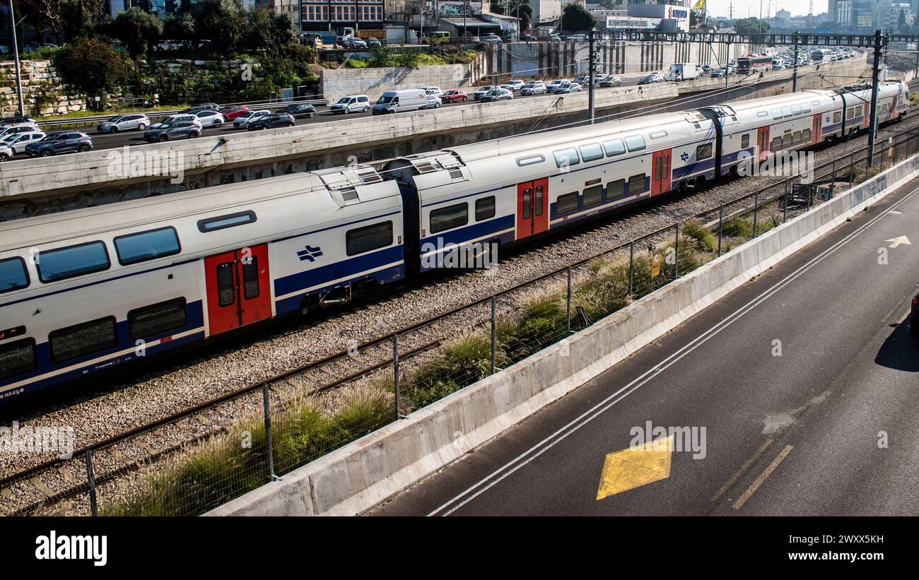 Tel Aviv, Israel, February 25, 2024 Train connecting Tel Aviv to ...